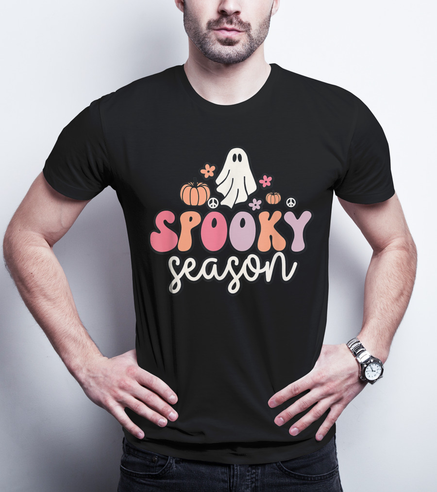 Groovy Ghost Spooky Season With Pumpkins Peace Flowers T-Shirt