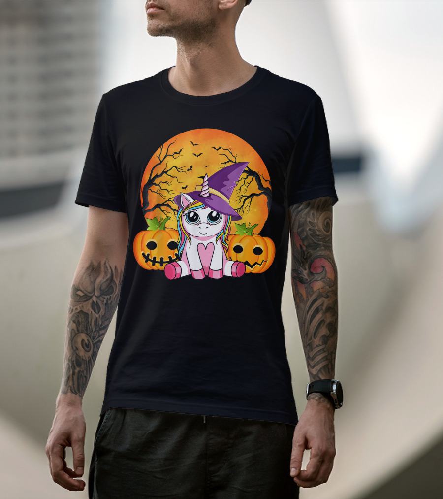 Witchy Unicorn Halloween With Pumpkins And Full Moon T-Shirt