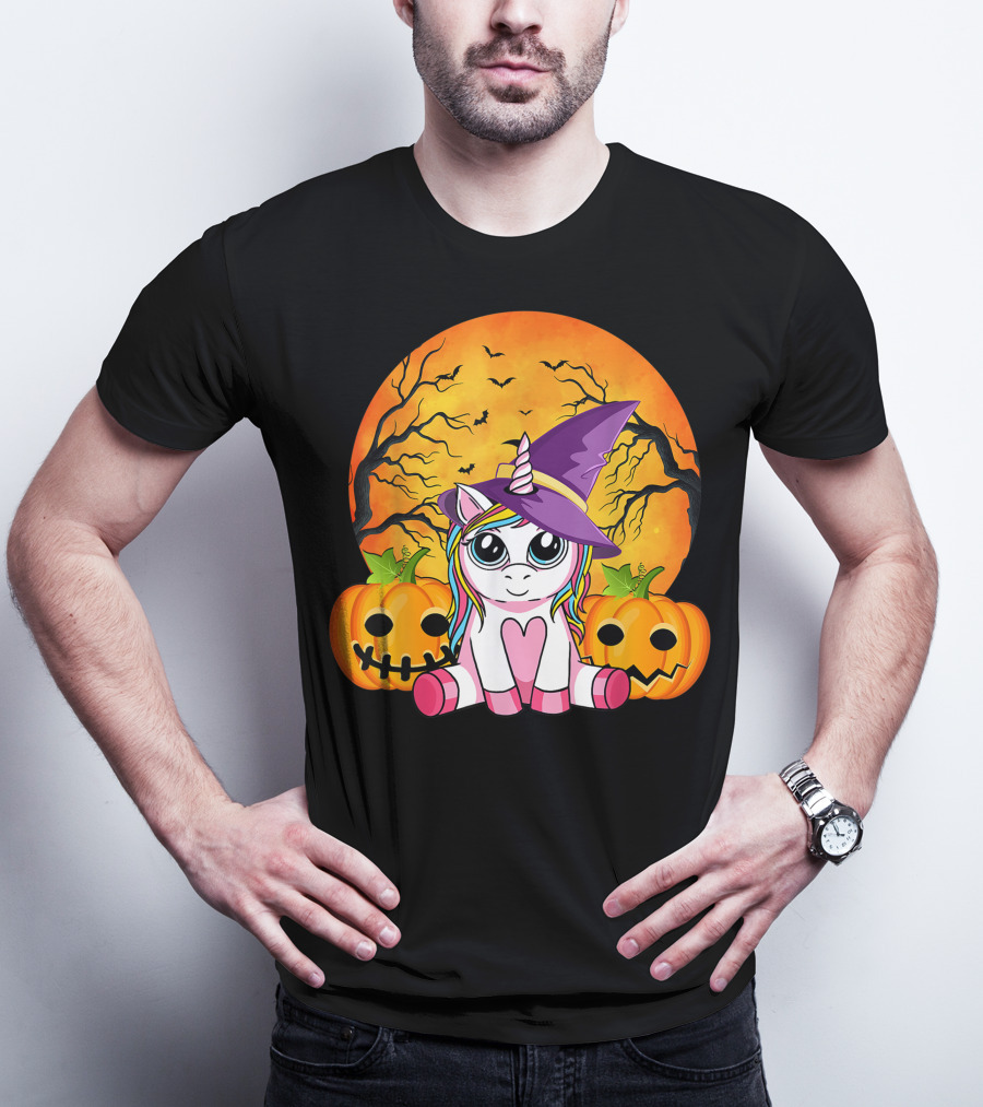 Witchy Unicorn Halloween With Pumpkins And Full Moon T-Shirt