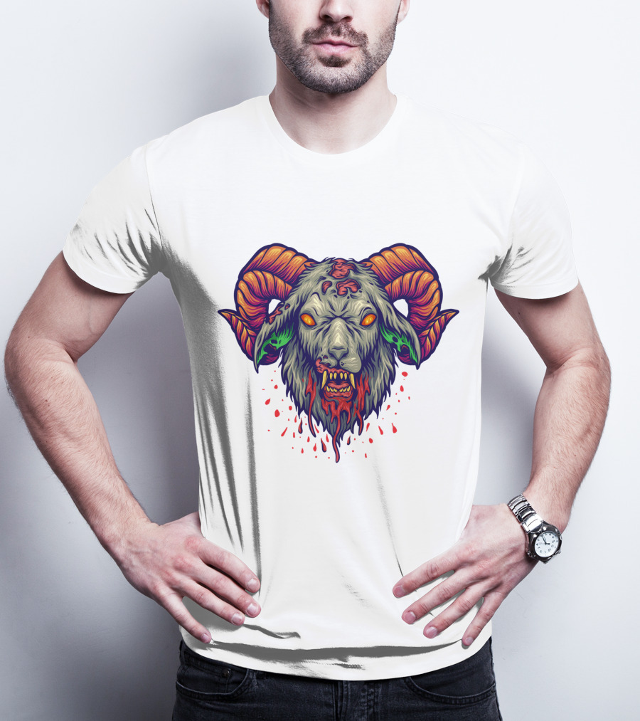 Devil Head Horn Gothic Goat With Blood Splatter And Evil Eyes T-Shirt