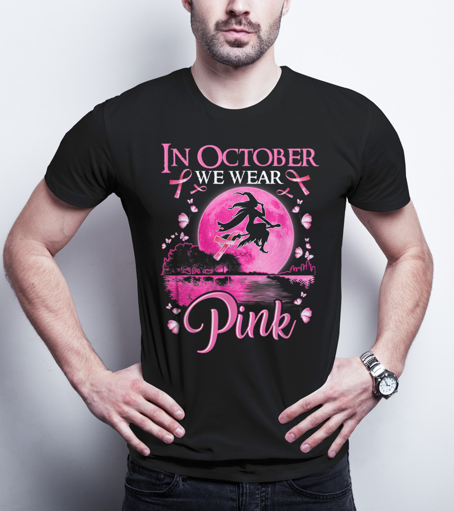 In October We Wear Pink Witch And Moon Breast Cancer Awareness T-Shirt