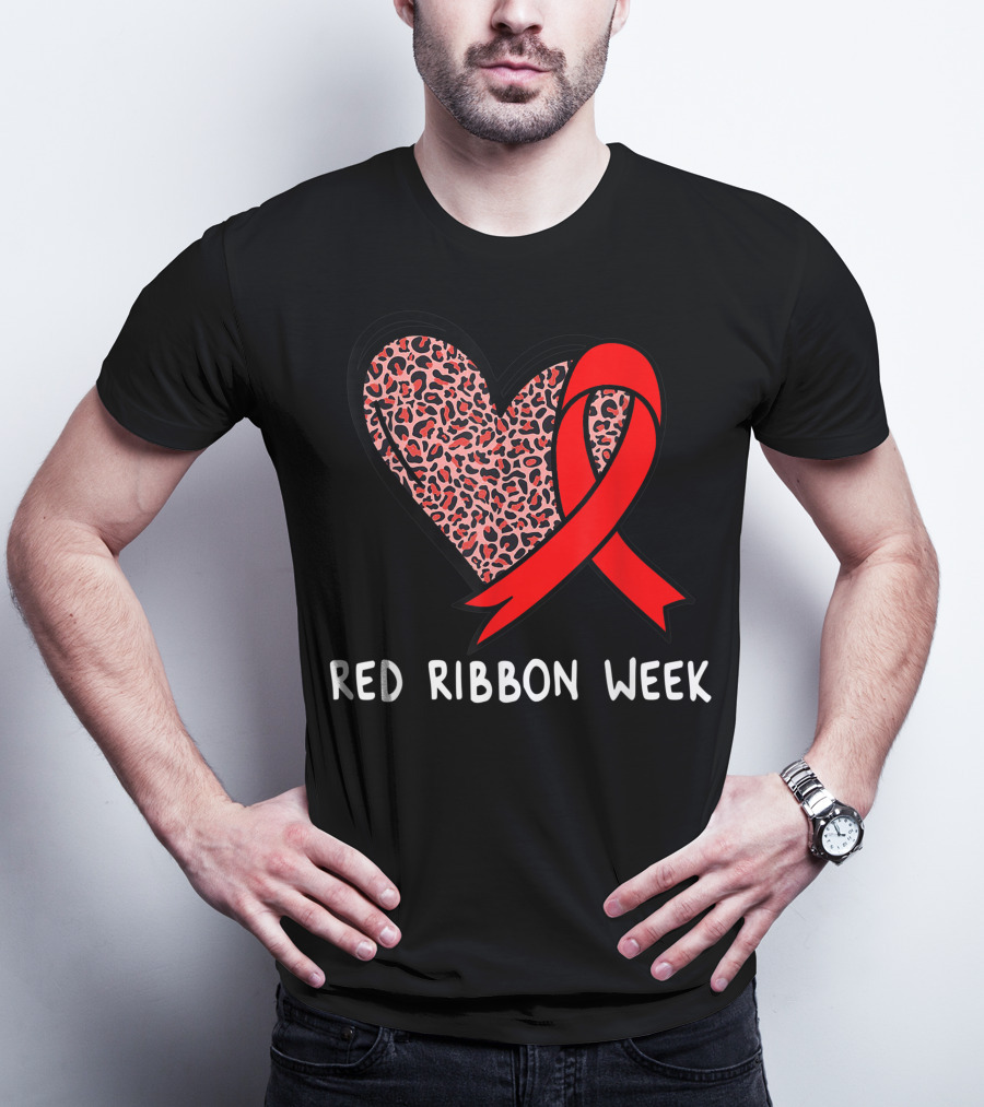 Red Ribbon Week Leopard Print Heart T-Shirt