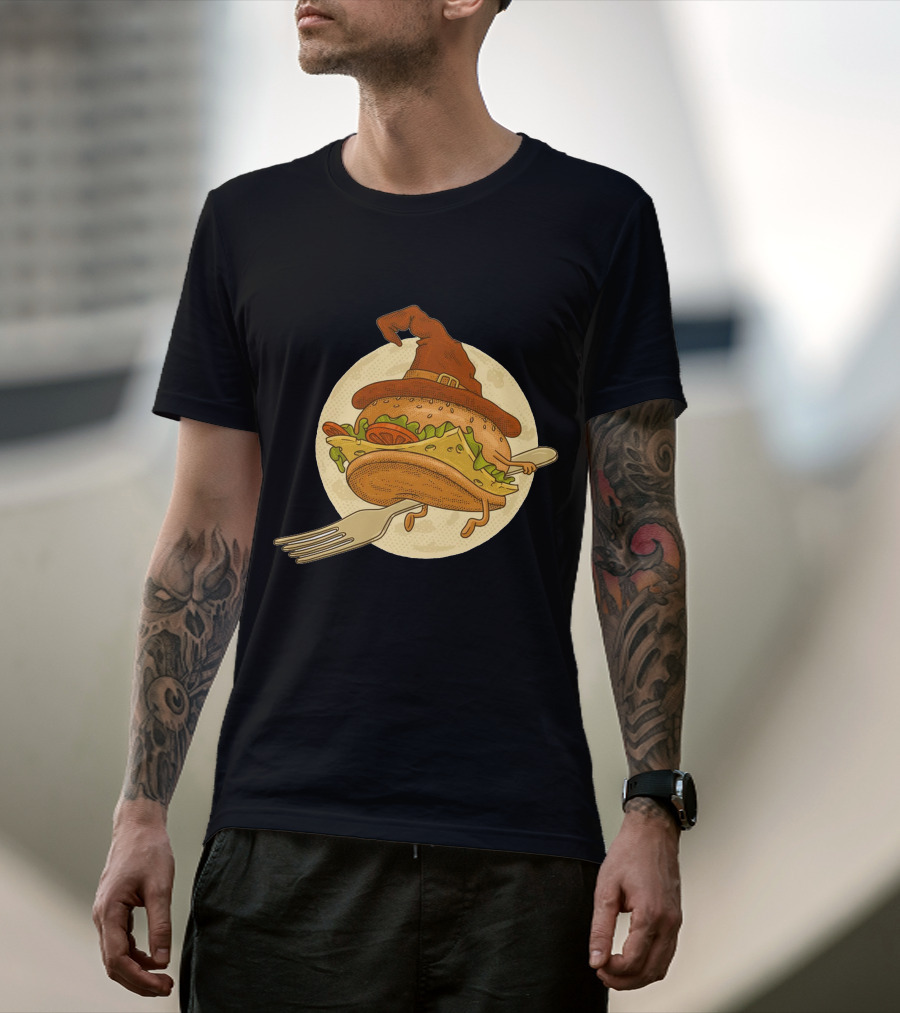 Hamburger With Witch Hat Riding A Fork In Front Of Full Moon T-Shirt