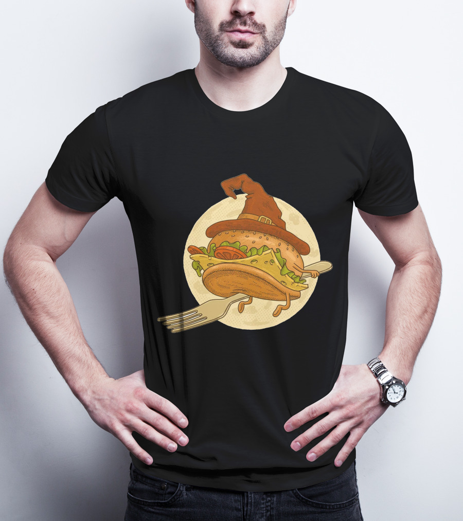 Hamburger With Witch Hat Riding A Fork In Front Of Full Moon T-Shirt