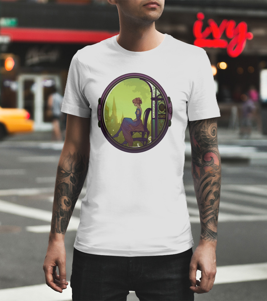 Mysterious Pensive Woman In Enchanted Gothic Cityscape T-Shirt