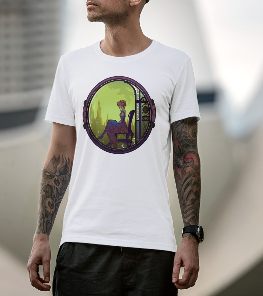 Mysterious Pensive Woman In Enchanted Gothic Cityscape T-Shirt