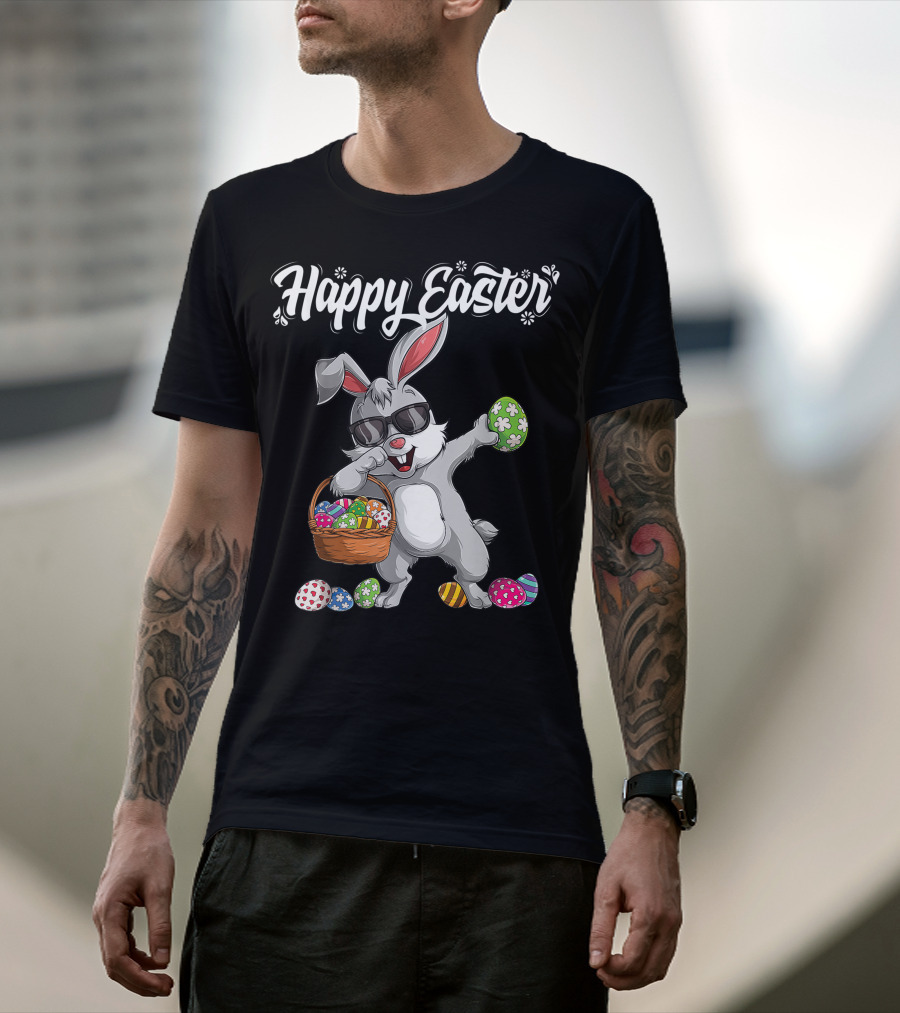 Happy Easter Dabbing Rabbit With Basket And Eggs T-Shirt