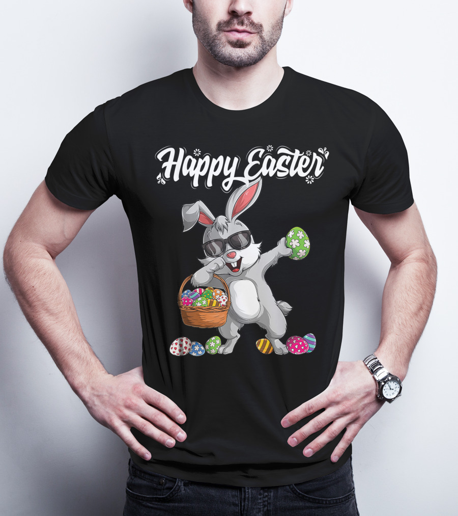 Happy Easter Dabbing Rabbit With Basket And Eggs T-Shirt