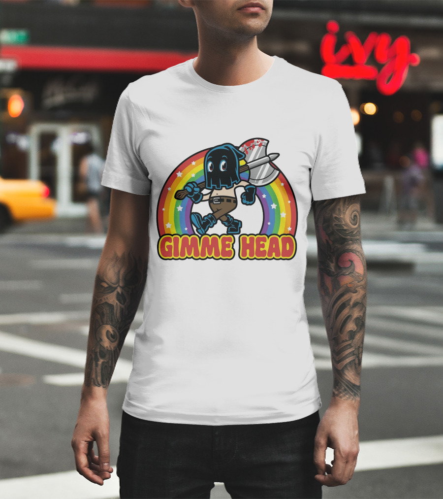 Gimme Head Colorful Hooded Figure With Bloody Axe And Rainbow T-Shirt
