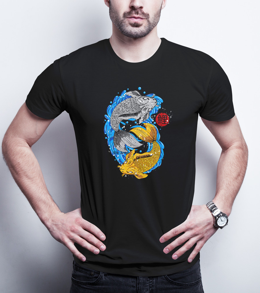 Koi Fish Yin Yang With Blue Water And Red Japanese T-Shirt