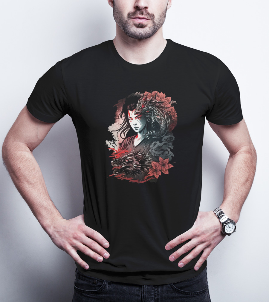 Dragon Boy Red Lotus Warrior With Dragon And Wolf Elements T-Shirt