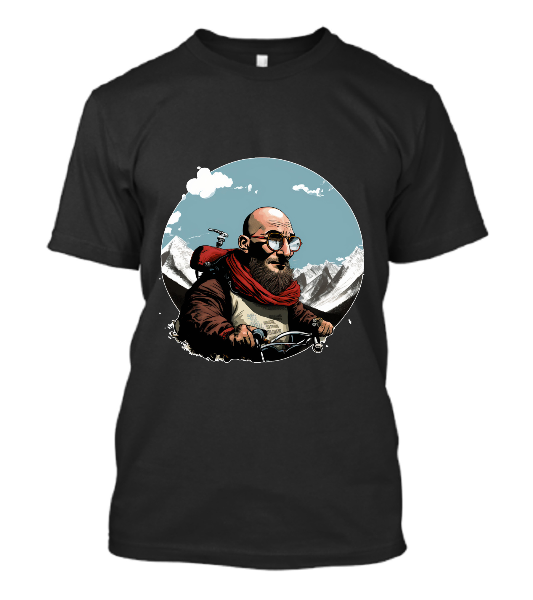 Bald Man On Motorcycle Through Mountain Landscape With Red Scarf And Glasses T-Shirt