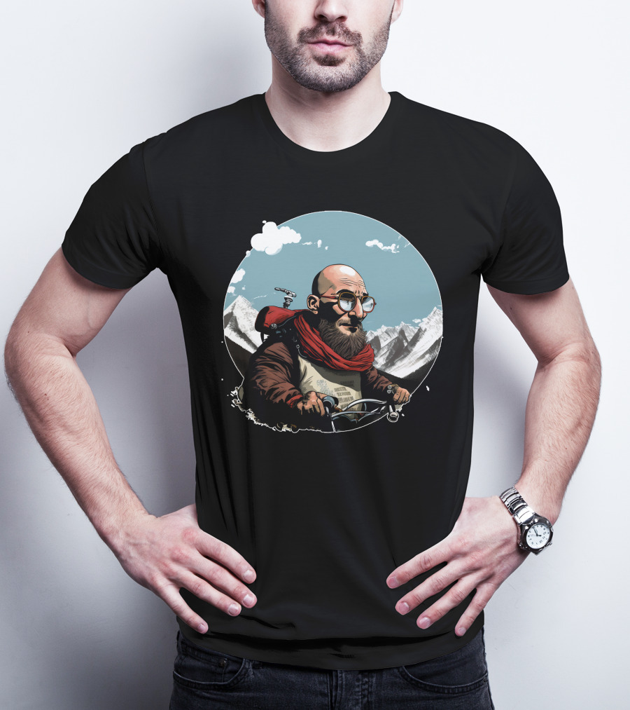 Bald Man On Motorcycle Through Mountain Landscape With Red Scarf And Glasses T-Shirt