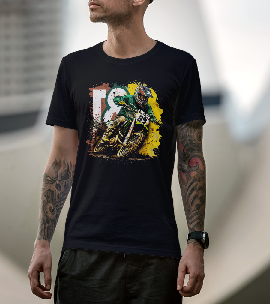 Motocross Racer Dynamic Action With Number 83 And Splatter Background T-Shirt