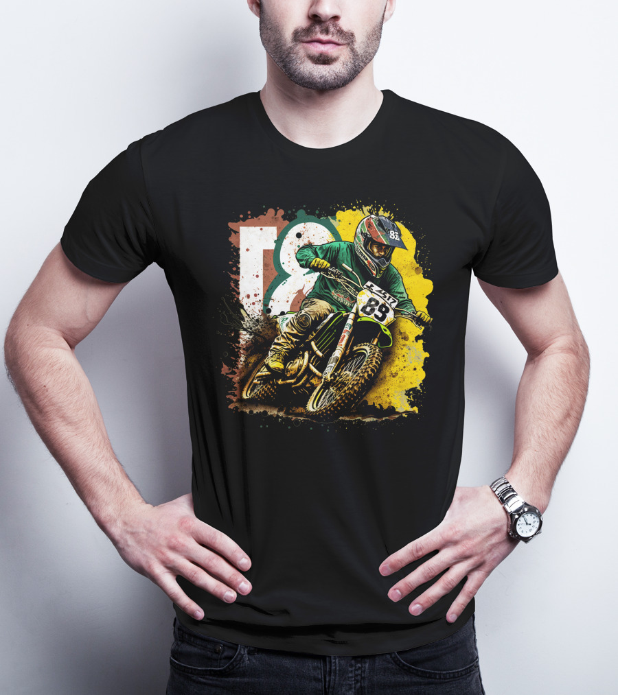 Motocross Racer Dynamic Action With Number 83 And Splatter Background T-Shirt
