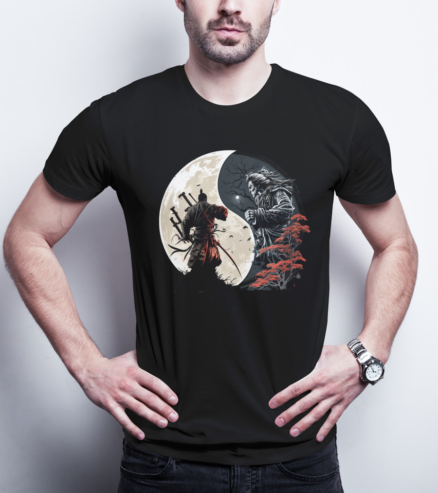 Crescent Moonlight Samurai Yin Yang Duality Forest T-Shirt