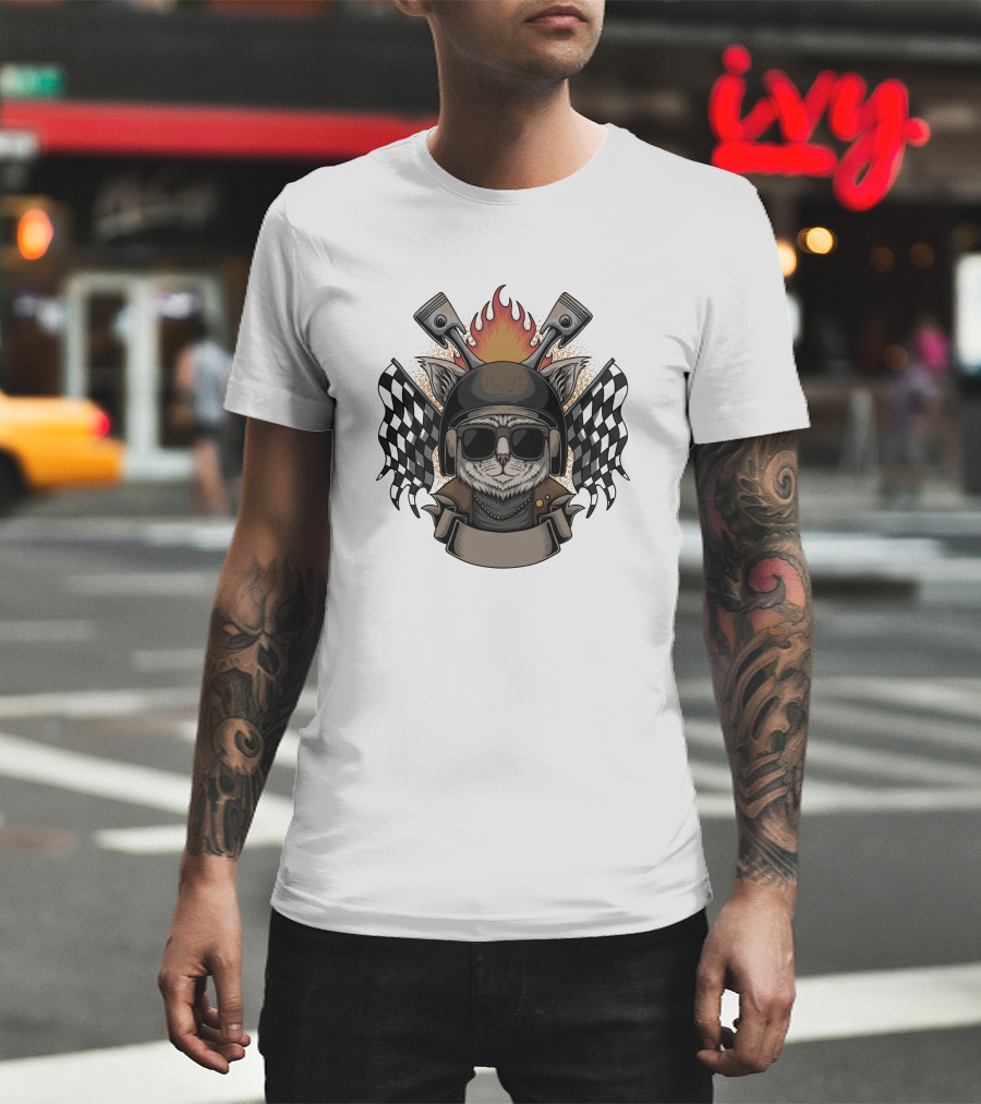 Cat Helmet Motorcycle Flames Checkered Flags Emblem T-Shirt