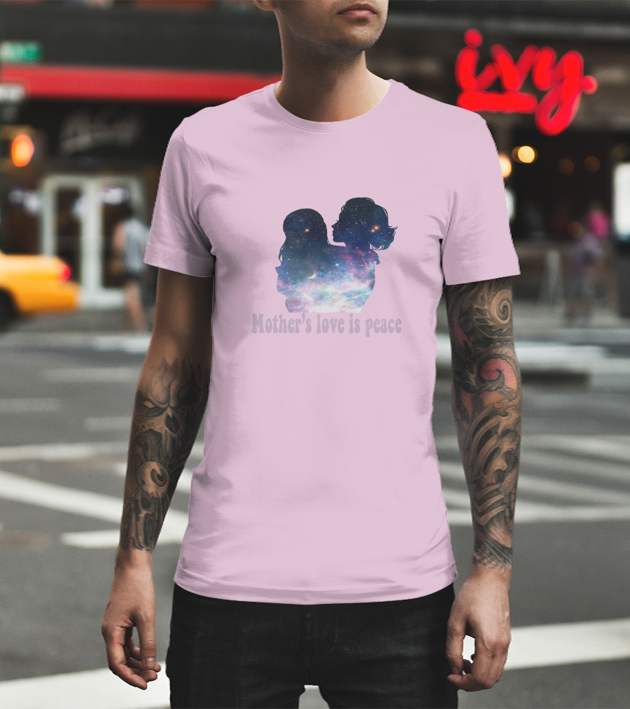 Mother's Love Is Peace Cosmic Silhouette On Pink Background T-Shirt