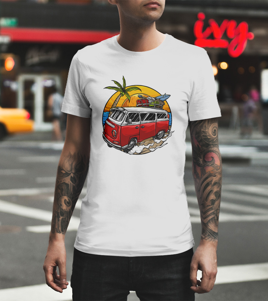Holiday Vintage Car With Sunset Surfboard And Palm Tree Beach Scene T-Shirt
