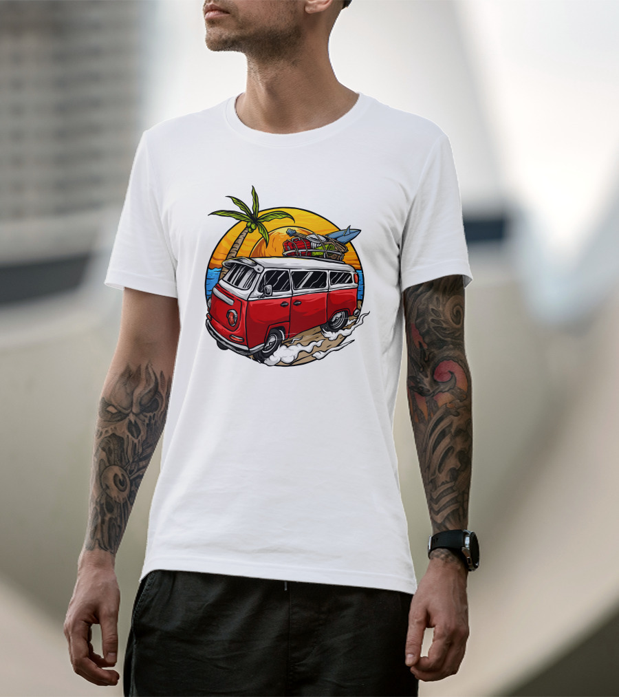 Holiday Vintage Car With Sunset Surfboard And Palm Tree Beach Scene T-Shirt