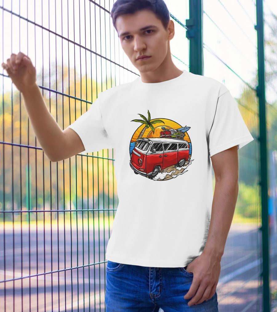 Holiday Vintage Car With Sunset Surfboard And Palm Tree Beach Scene T-Shirt