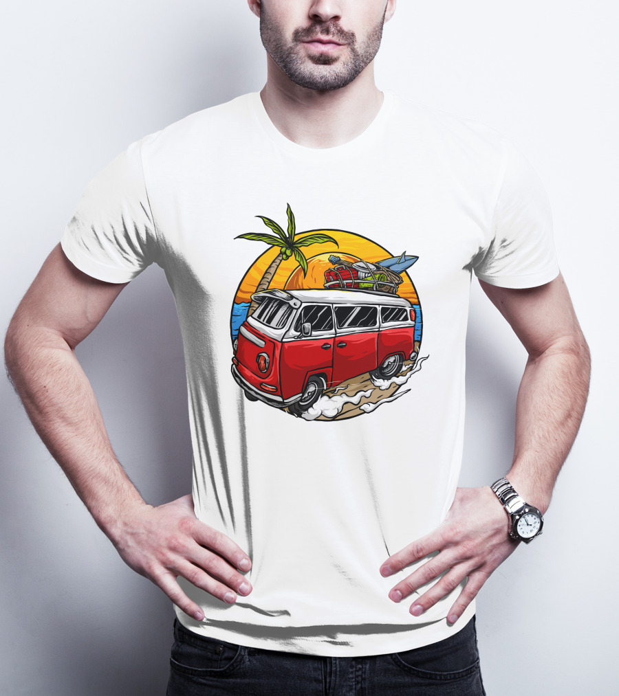 Holiday Vintage Car With Sunset Surfboard And Palm Tree Beach Scene T-Shirt