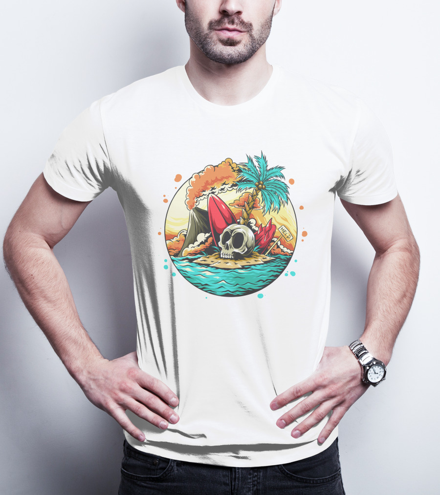 Summer Skull Island Paradise With Palm And Volcano T-Shirt