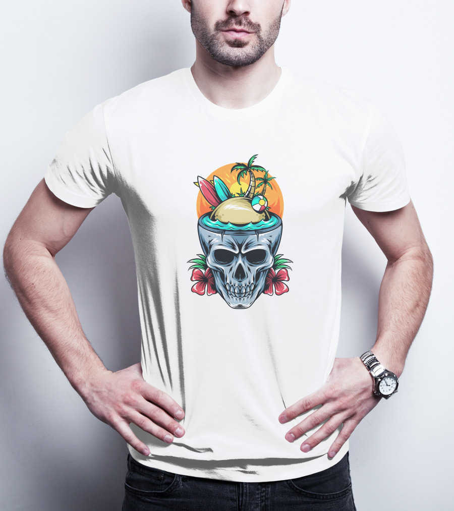 Summer Skull With Surfboards And Tropical Island T-Shirt
