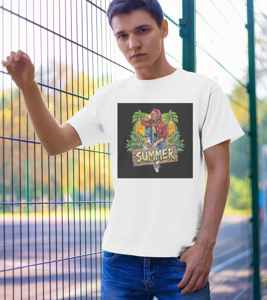 Skull Zombie Summer Tropical Vibes With Palm Trees And Sunset T-Shirt