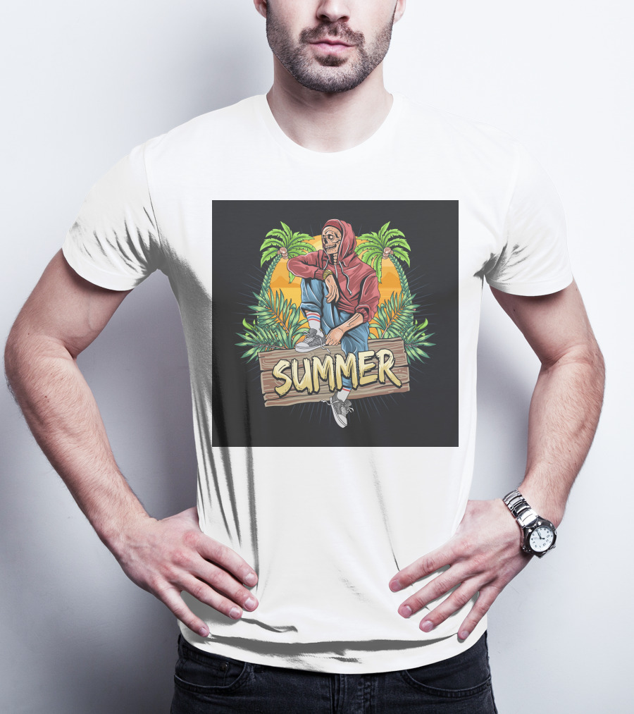 Skull Zombie Summer Tropical Vibes With Palm Trees And Sunset T-Shirt