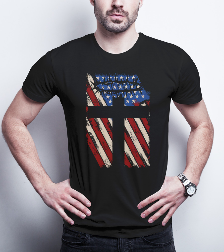 God Protect America American Flag Cross With Crown Of Thorns T-Shirt