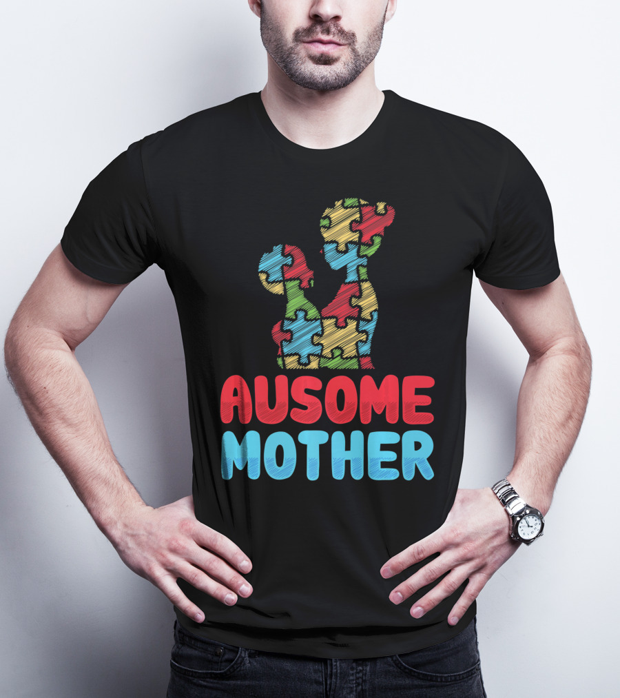 Ausome Mother Colorful Puzzle Piece Autism Awareness T-Shirt