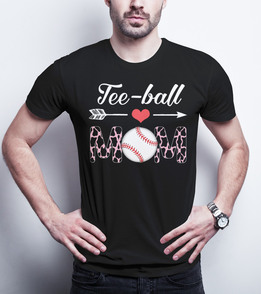Tee-Ball Mom Heart Arrow Baseball Cow Print T-Shirt