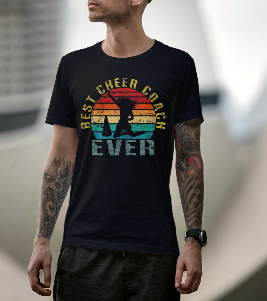Best Cheer Coach Ever Vintage Silhouette With Megaphone And Sunset Stripes T-Shirt