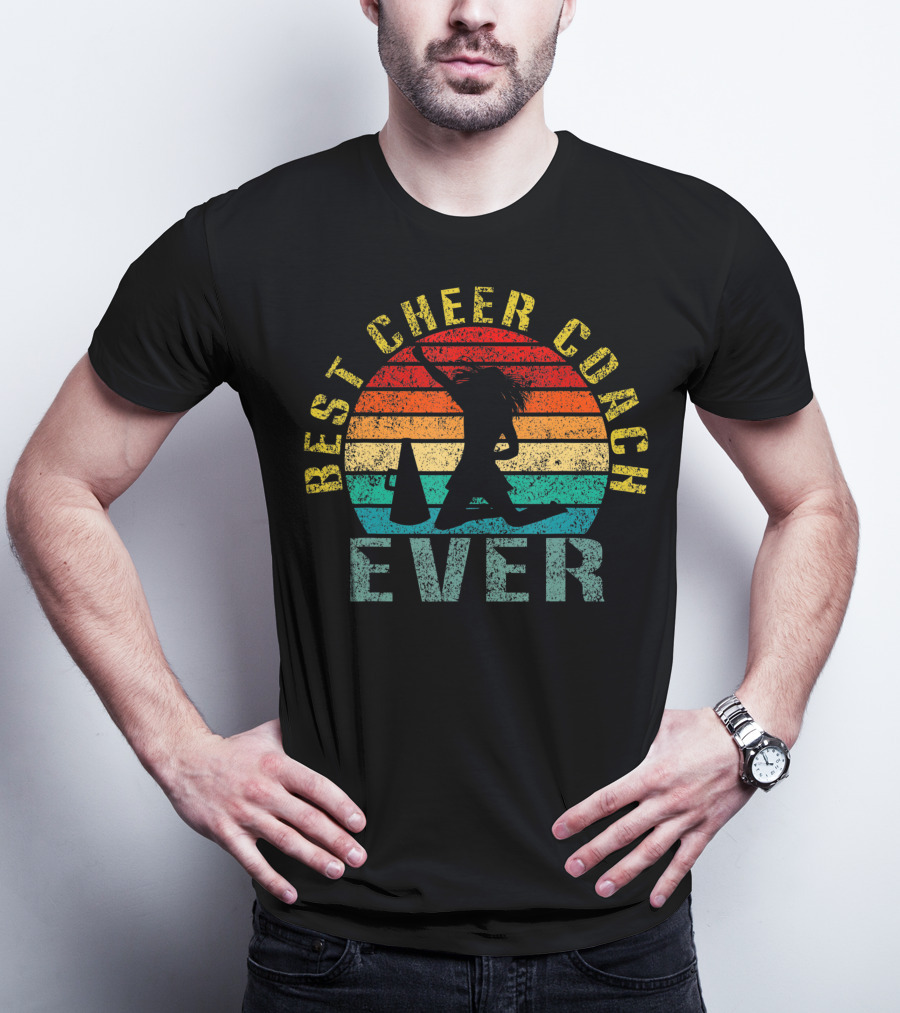 Best Cheer Coach Ever Vintage Silhouette With Megaphone And Sunset Stripes T-Shirt