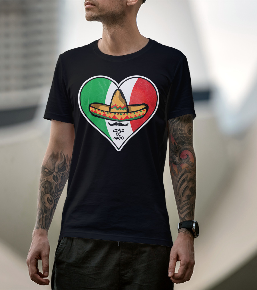Cinco De Mayo Vintage Sombrero Heart Mexican Flag T-Shirt