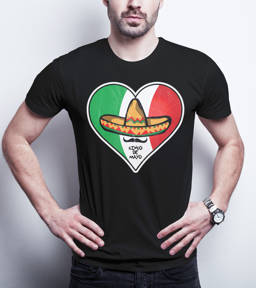 Cinco De Mayo Vintage Sombrero Heart Mexican Flag T-Shirt
