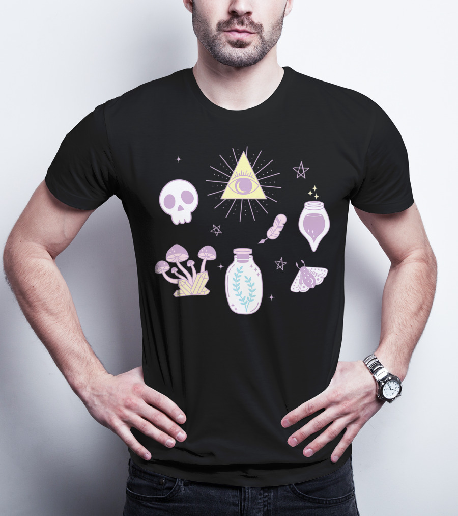 Cute Creepy Pastel Kawaii Goth Witch Aesthetic With Skull Pyramid Mushrooms And Potion Elements T-Shirt