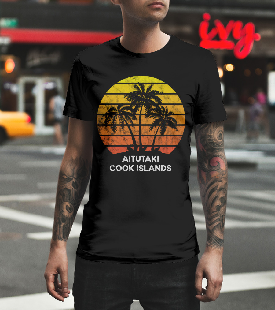 Aitutaki Cook Islands Sunset Palm Tree Vacation Beach Scene T-Shirt