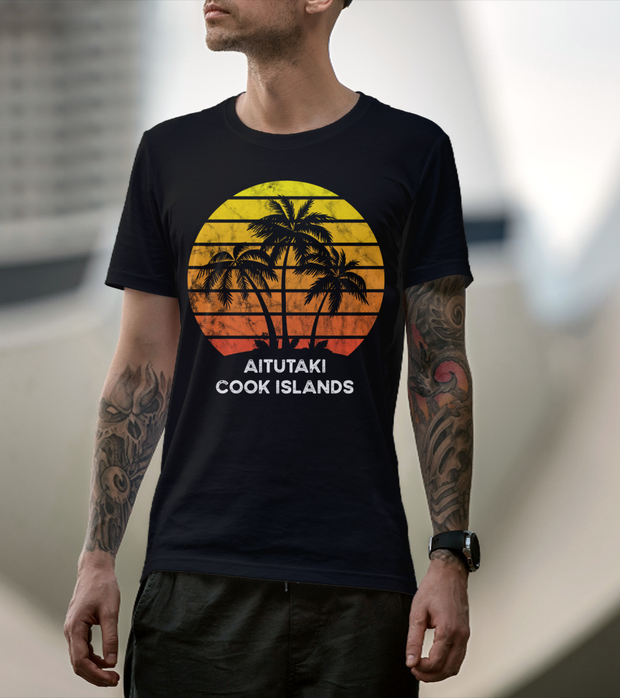 Aitutaki Cook Islands Sunset Palm Tree Vacation Beach Scene T-Shirt