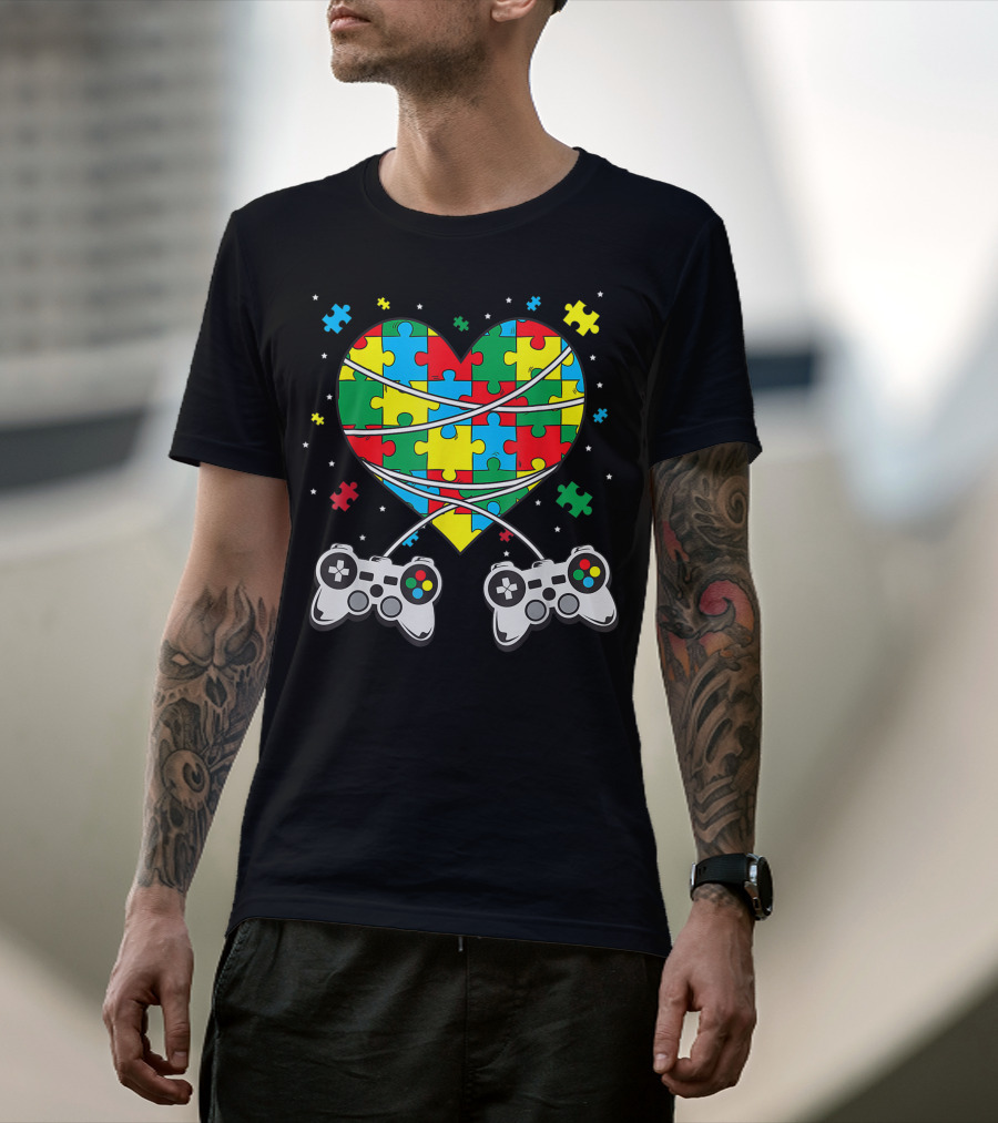 Boys Autism Awareness Month Puzzle Heart Video Game Controllers T-Shirt