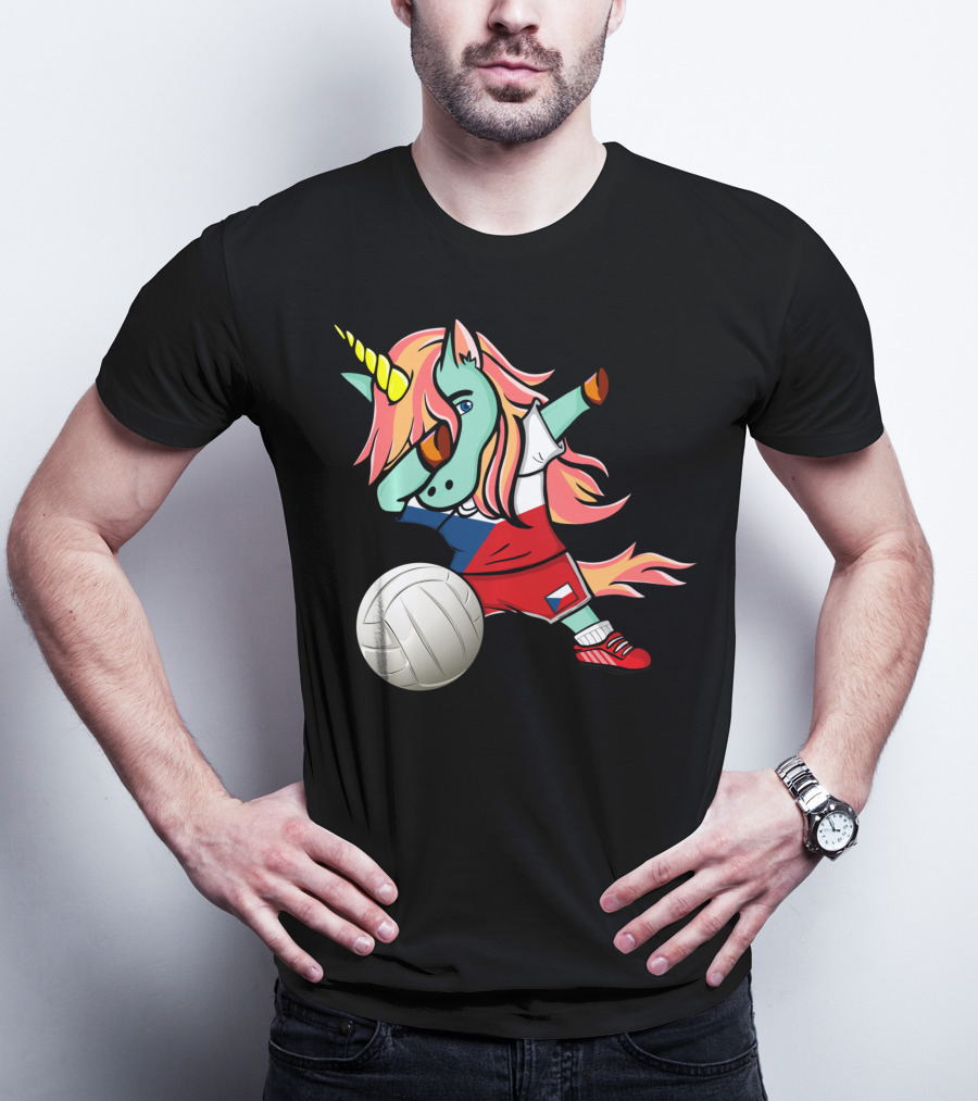 Dab Unicorn Czech Republic Volleyball Fans Czech Flag Jersey T-Shirt
