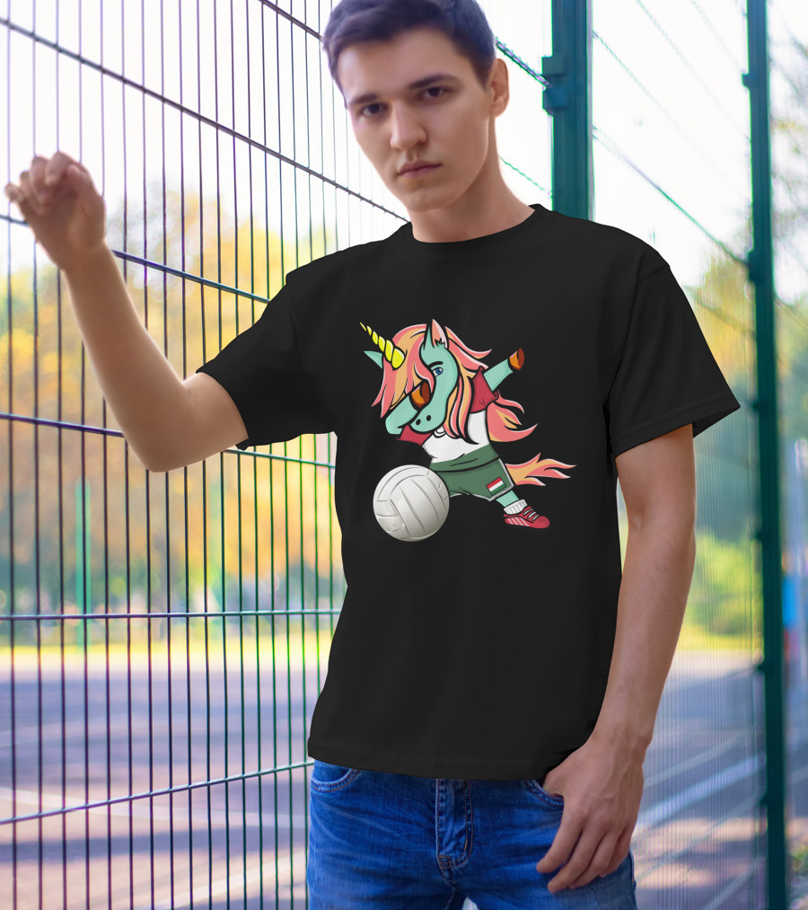 Dabbing Unicorn Hungarian Volleyball Lovers With Flag Jersey T-Shirt