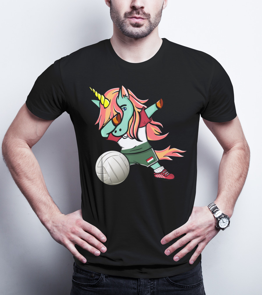 Dabbing Unicorn Hungarian Volleyball Lovers With Flag Jersey T-Shirt