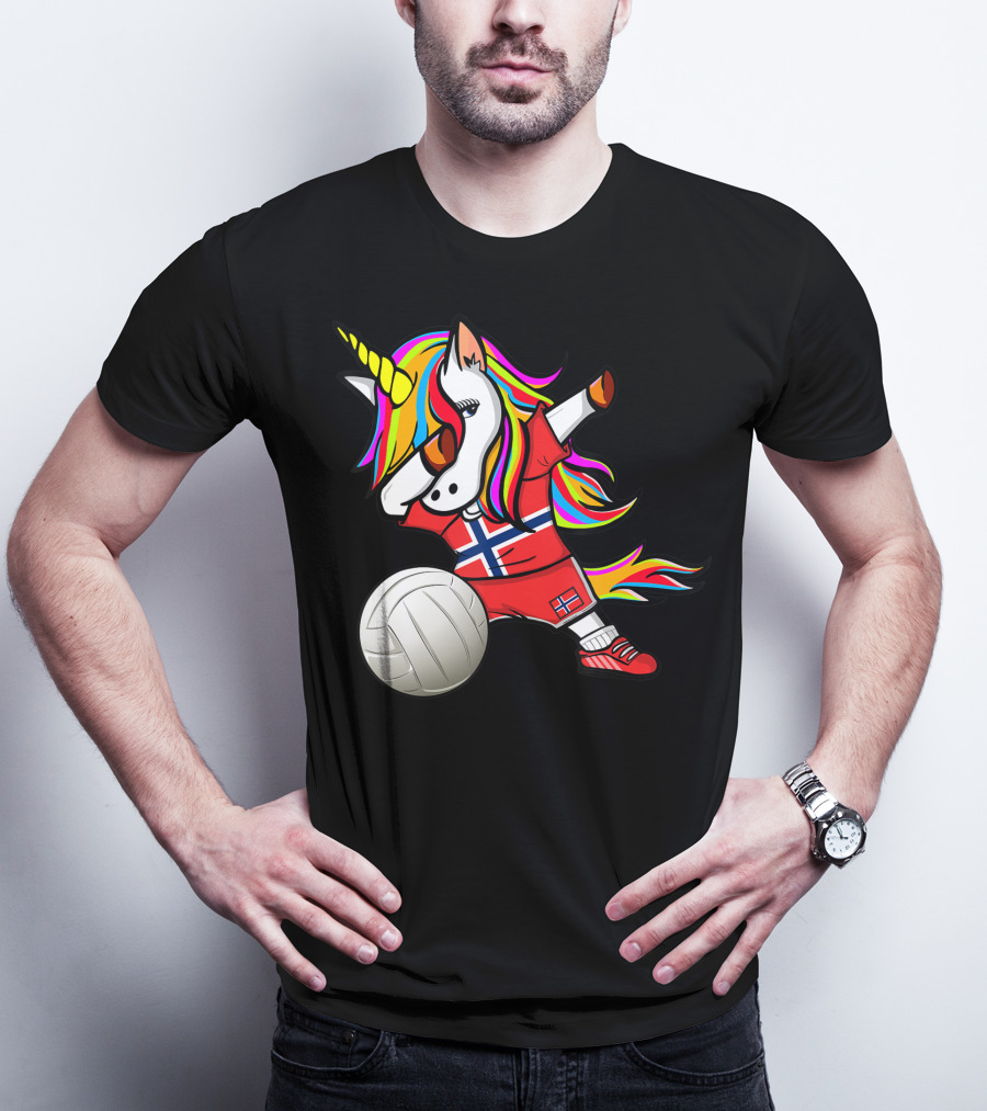 Dabbing Unicorn Norway Volleyball Fans Norwegian Flag Rainbow Jersey T-Shirt