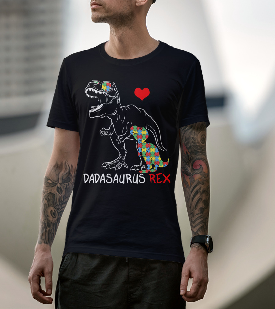 Dadasaurus Rex Heart Puzzle Autism Awareness Daddy T-Shirt