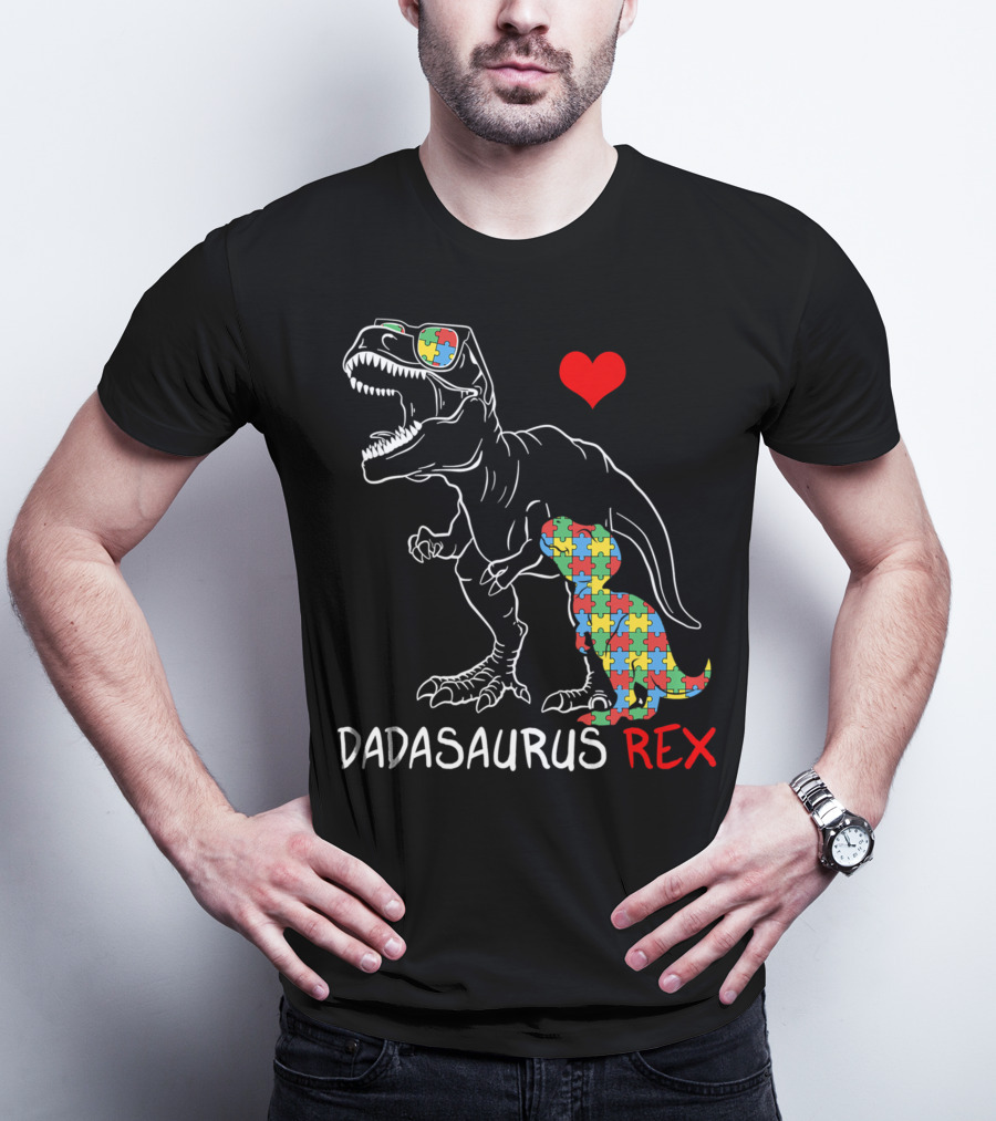 Dadasaurus Rex Heart Puzzle Autism Awareness Daddy T-Shirt