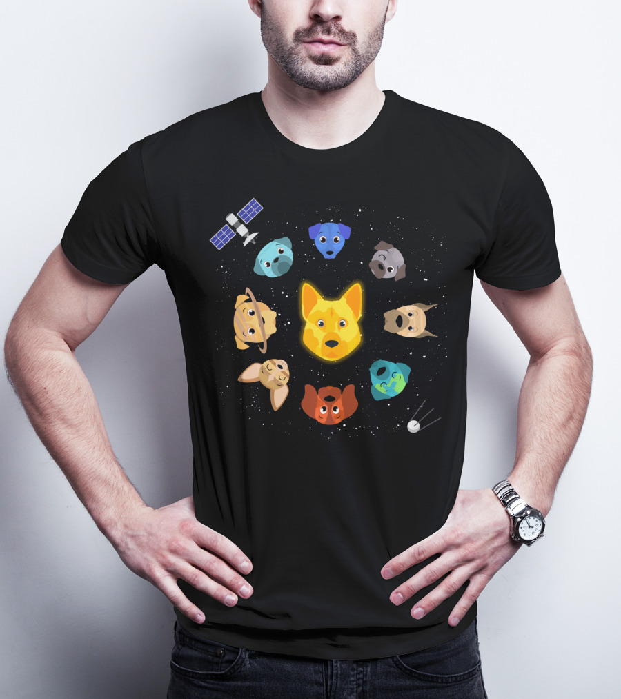 Dogs In Space Puppy Heads Orbiting With Rocket And Satellite T-Shirt