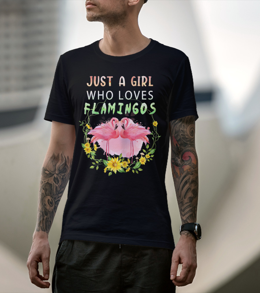 Just A Girl Who Loves Flamingos With Pink Flamingo Pair And Yellow Flowers T-Shirt