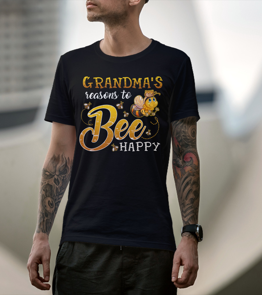 Grandma's Reasons To Bee Happy With Cute Cartoon Bee And Swarm T-Shirt